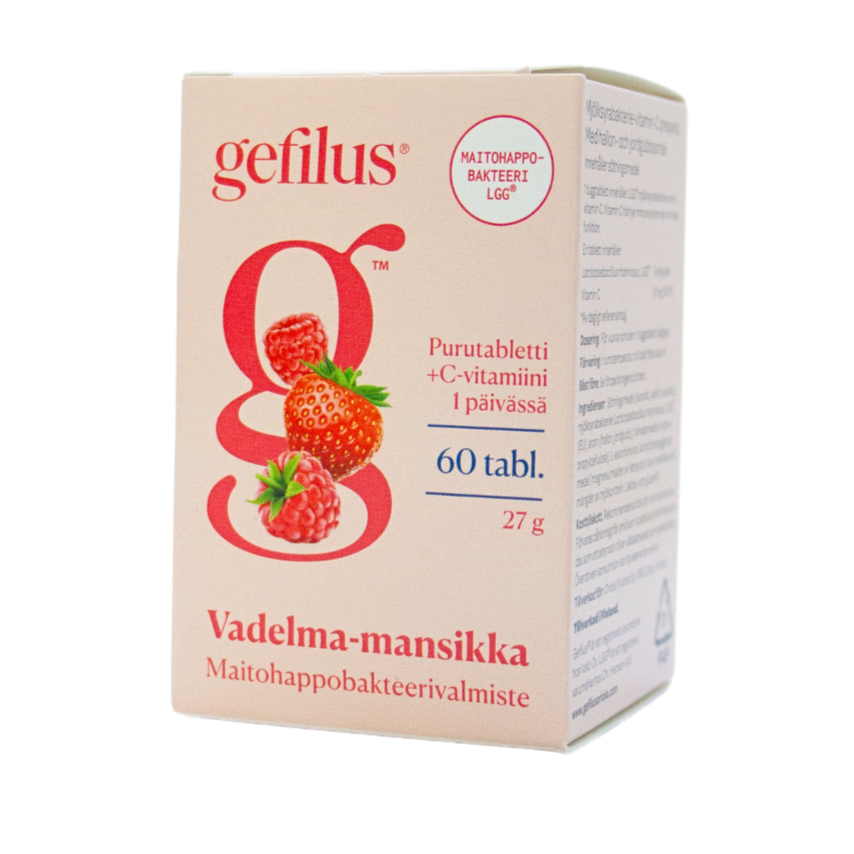 Gefilus Maitohappobakteeri Purutabletti - Vadelma & Mansikka 60 tabl.
